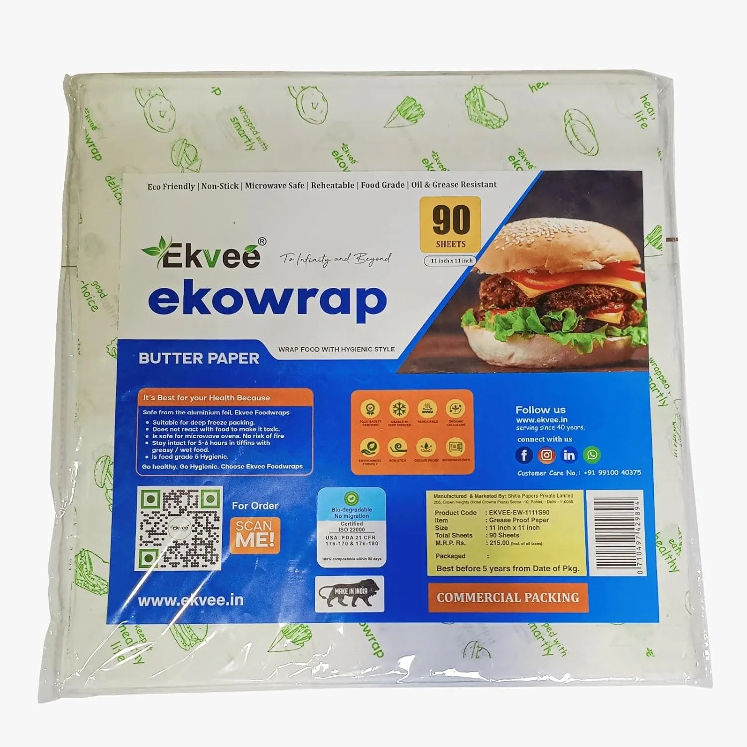 Ekvee Ekowrap Butter Paper Sheets – 90 Sheets (11x11”) Baking